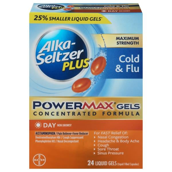 Alka-Seltzer PowerMax Gels Cold & Flu, Maximum Strength, Day, Liquid ...