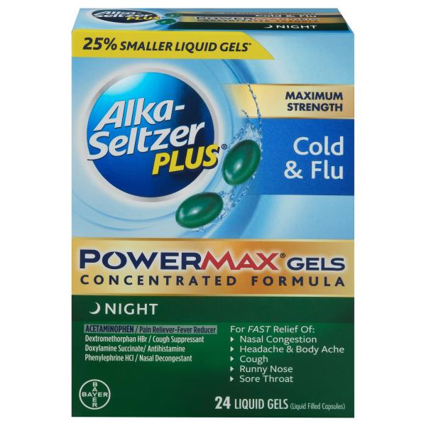 Alka-Seltzer PowerMax Gels Cold & Flu, Maximum Strength, Night, Liquid ...