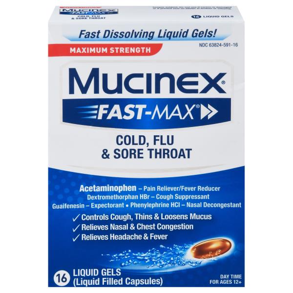 Mucinex Fast-Max Cold, Flu & Sore Throat, Maximum Strength, Day Time ...