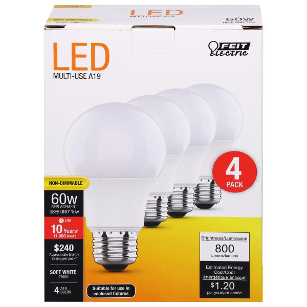 Feit Electric Bulbs, Soft White, LED, 60 Watts, 4 Pack | Publix Super ...