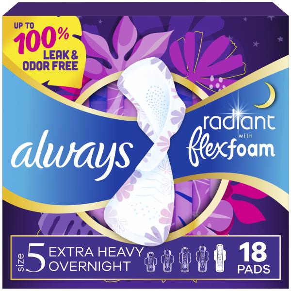 Always Radiant Pads, Size 5, Extra Heavy Overnight, with Wings, 18 CT ...