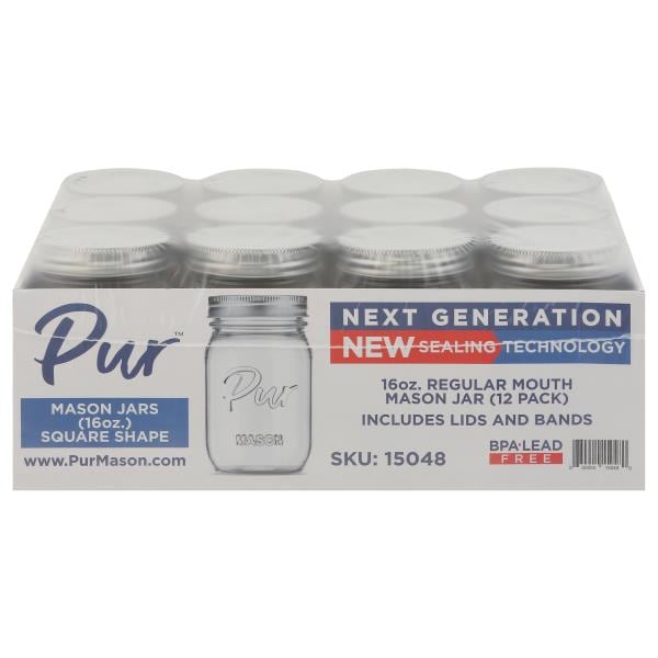 Pur Jar, Mason, Regular Mouth, Square Shape, 16 Ounces, 12 Pack ...