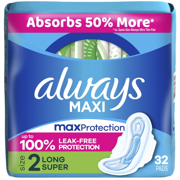 Always Maxi Pads with Wings, Size 2, 32 CT | Publix Super Markets