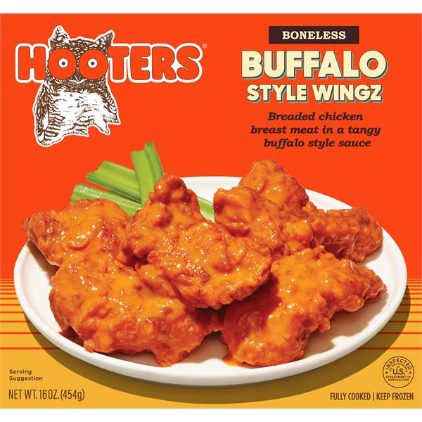 Hooters Boneless BUFFALO STYLE WINGZ breaded chicken breast meat in a ...