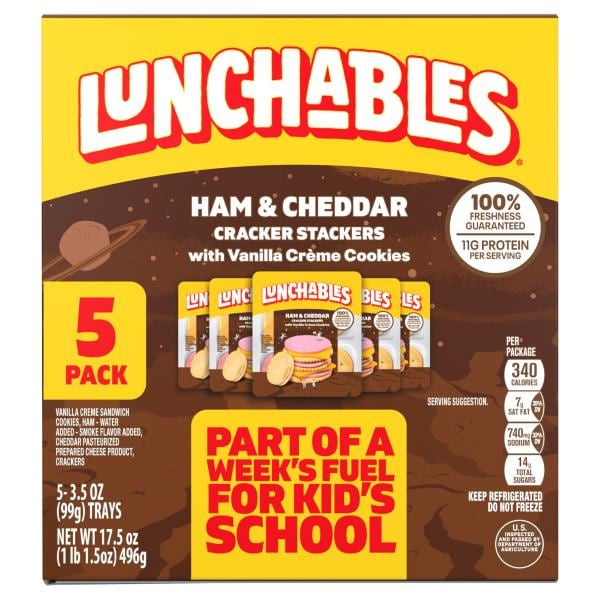 Lunchables Cracker Stackers, with Vanilla Creme Cookies, Ham & Cheddar ...