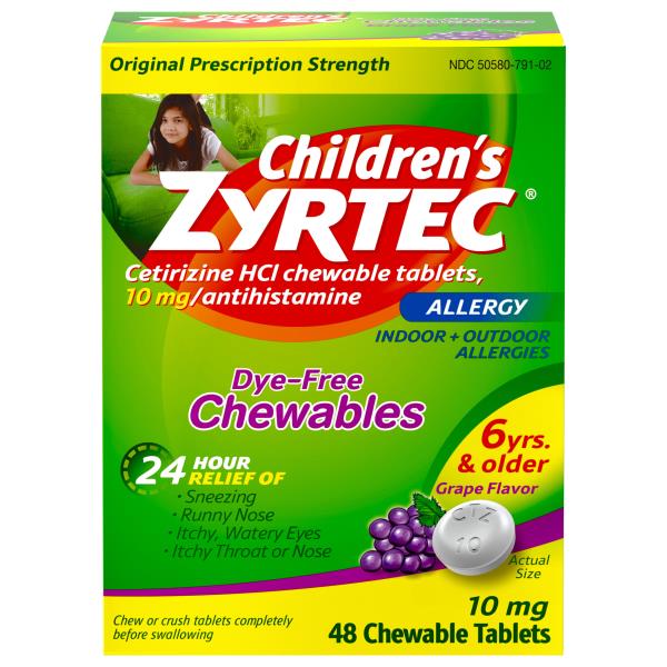 Zyrtec Allergy, Dye-Free, Children's, 6yrs & Older, 10 mg, Chewable ...
