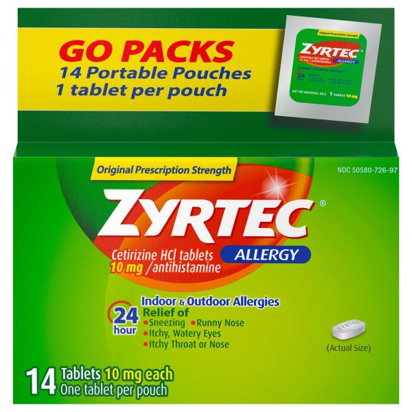 Zyrtec Allergy, Original Prescription Strength, Tablets, Go Packs ...