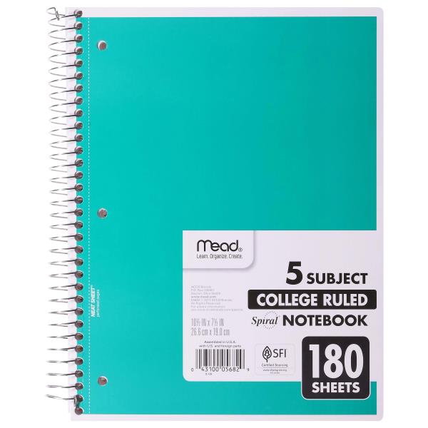 Mead Notebook, Spiral, 5 Subject, College Ruled, 180 Sheets | Publix ...