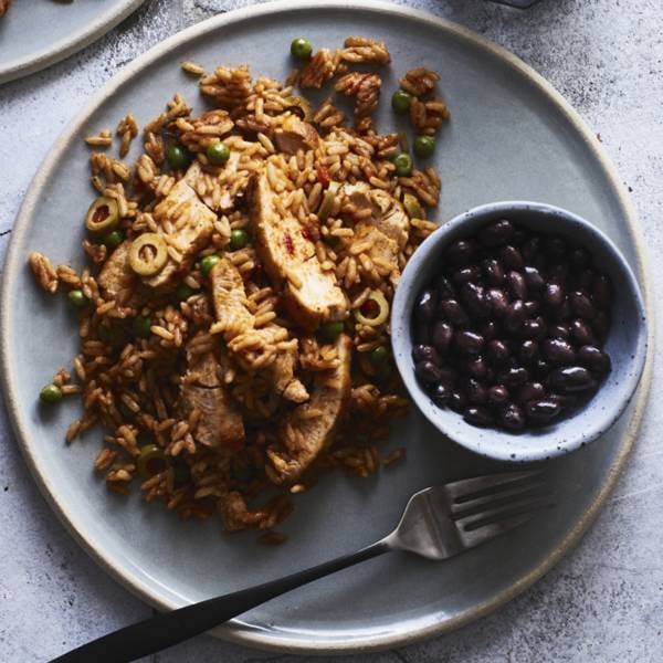 Roasted Chicken and Spanish Rice with Green Peas and Black Beans ...