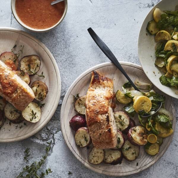Salmon with Butter Sauce and Lemon Potatoes with Warm Vegetable Salad ...