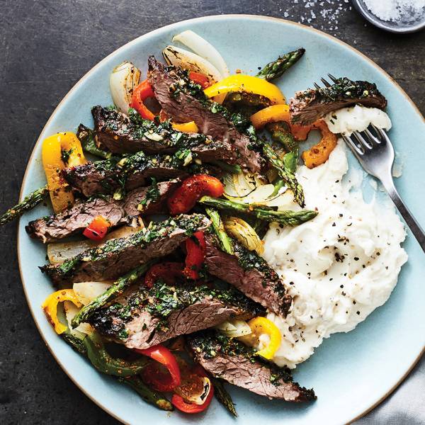 Chimichurri Skirt Steak with Potatoes, Asparagus, Peppers & Onions ...
