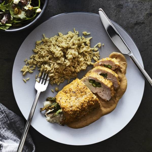 Asparagus-Stuffed Chicken with Tomato Alfredo Sauce, Rice, & Salad ...
