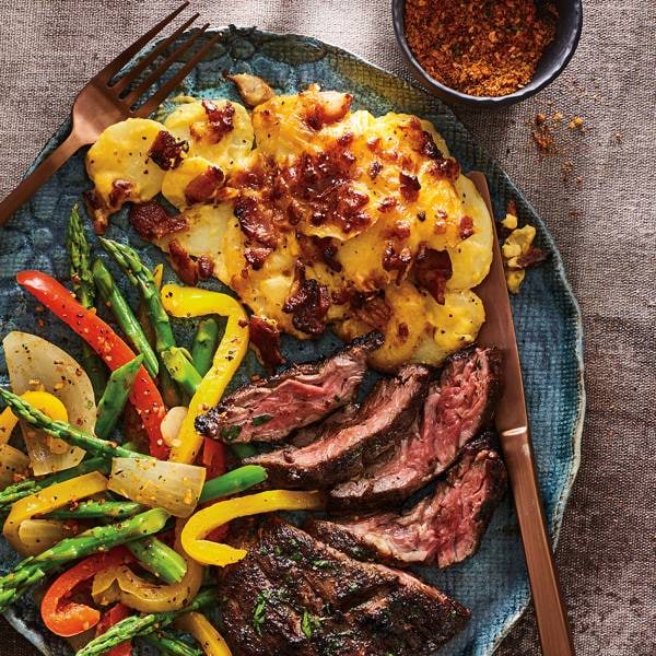 Seasoned Skirt Steak with Potatoes au Gratin and Asparagus Blend ...
