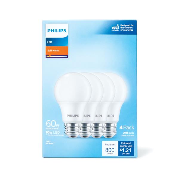Phillips Light Bulbs, LED, Soft White Light, 8.5 Watts, 4 Value Pack ...