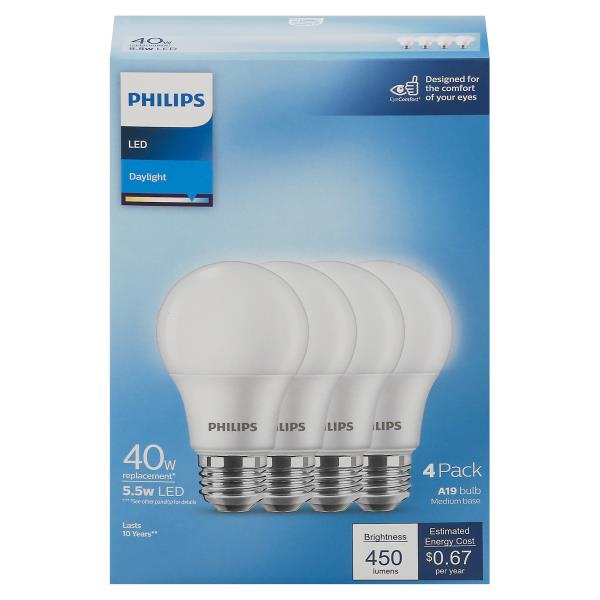 Phillips Light Bulb, LED, Day Light, 5 Watts, 4 Bulb Value Pack ...